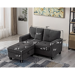 Aeffze Love Seat Sofa with Storage Ottoman Convertible Velvet 2 Seater Modular Sectional Modern Reversible Couch for Living Room Apartment Small Space (Dark Grey) (F8001-HOME)