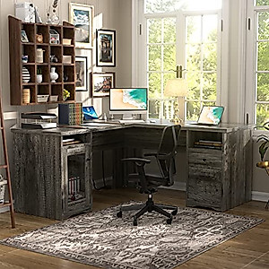 Unikito L Shaped Desk with Drawers, 60 Inch Corner Computer Desks with USB Charging Port and Power Outlet, Large L-Shaped Office Table, 2 Person Home Office Desk with File Cabinet, Black Oak