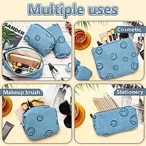 3 Pcs Smile Face Makeup Bag Corduroy Cosmetic Bag 3 Sizes Aesthetic Preppy Makeup Bags for Women Teen Girls Corduroy Toiletry Pouch Travel Smile Dots Bags Washable Skincare Bag (Light Blue Grey)