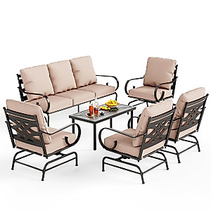 PHI VILLA Metal Patio Outdoor Furniture Sets,Large Heavy Duty Patio Conversation Sets for Backyard, Porch and Garden（Beige, 6 pcs w/Table）
