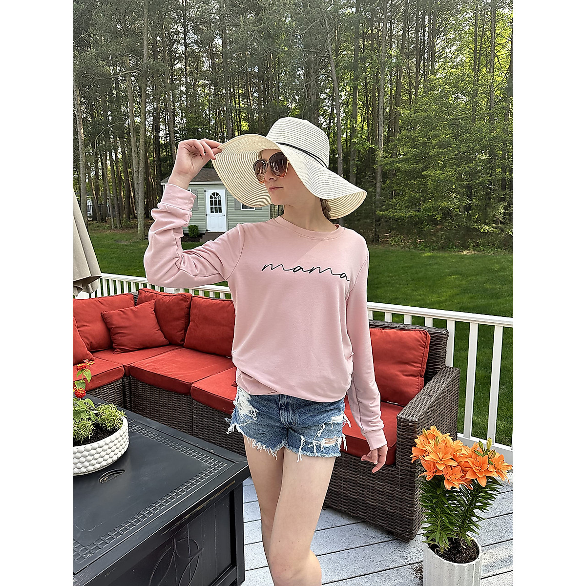 ASTANFY Womens Crewneck Sweatshirt Mama Letter Print Long Sleeve Loose Fashion Pullover Top (Pink, XX-Large)