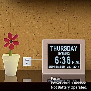 JALL 【Upgraded】 Digital Calendar Alarm Day Clock - with 8" Large Screen Display, am pm, 5 Alarm, for Extra Large Impaired Vision People, The Aged Seniors, The Dementia, for Desk, Wall Mounted, White