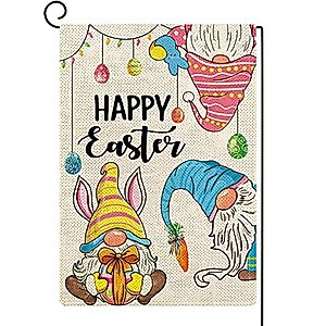 ORTIGIA Easter Gnome Garden Flag Happy Holidays 12x18Inch Burlap Double Sided Colorful Easter Eggs Flag Spring Summer Farmhouse Seasonal Outdoor Flag