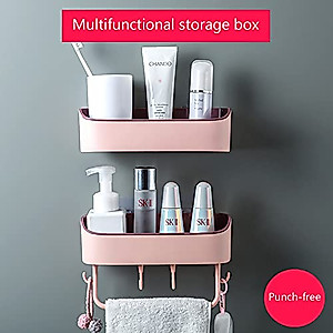 KUAW ,Shower Caddy, Self Adhesive Wall Mounted Shower Rack, Kitchen Hanging Tray Storage Rack, Shampoo Storage Basket Soap Rack With 4 Hooks And 1 Towel Rack, For Bathroom, Kitchen, No Drilling, Pink