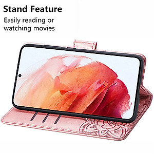 ROPIGO for Samsung Galaxy S21 FE 5G Wallet Case, Embossed Butterfly Premium PU Leather [Kickstand] [Card Slots] [Wrist Strap] [6.4 inch] Phone Cover for Samsung S21 FE (A1-Rose)