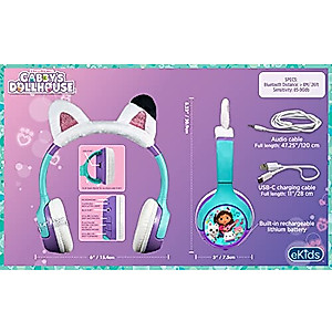 eKids Gabbys Dollhouse Kids Bluetooth Headphones, Wireless Headphones with Microphone Includes Aux Cord, Volume Reduced Kids Foldable Headphones for School, Home, or Travel