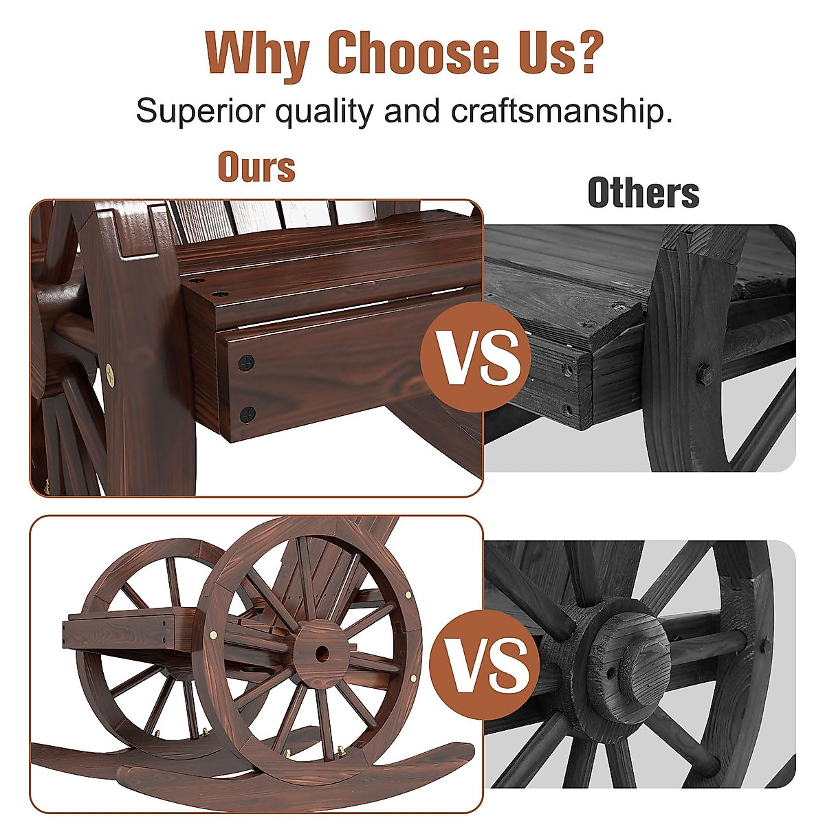 ide·o Outdoor Wood Wagon Bench - with Wheel Armrest Rustic Fir Wooden Patio Lounge Rocker for Patio Garden Country Yard