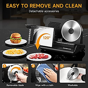 200W Meat Slicer with Two 7.5” Blades & One Stainless Steel Tray for Home Use, Electric Deli Food Slicer with “Upgrade” Big Thickness Knob (0-15mm) Cut Meat Cheese Bread, Easy to Clean