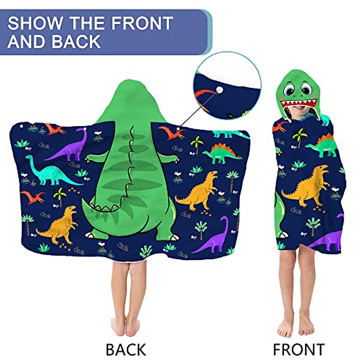 Dinosaur Beach Towel, Dinosaur Towel for Kids with Hood T-rex Hooded Towel for Boys 30x50 Cool Cartoon Microfiber Bath Towel Poncho Bathrobe for Swin Pool Cover Up, Green Blue Dinosaur Birthday Gifts