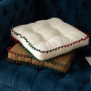 vctops Colorful Pompoms Cotton Linen Chair Pad Super Soft Comfy Chair Seat Cushion for Dining Chairs, Office Chairs, Hardwood Floors (White, 16"x16")