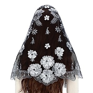 Bozidol Catholic Chapel Mantilla Veil Floral Embroidery Spanish Lace Scarf Church Mass Veil for Women (Sliver Black)