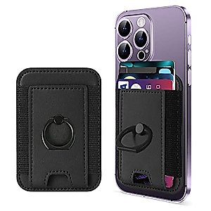 WUOJI Magnetic Card Wallet Holder for Magnetic, Secure Magnetic Card Holder with Phone Grip & Kickstand for Magnetic Leather Wallet for Back of iPhone 14/13 and 12 Series (PU Black)
