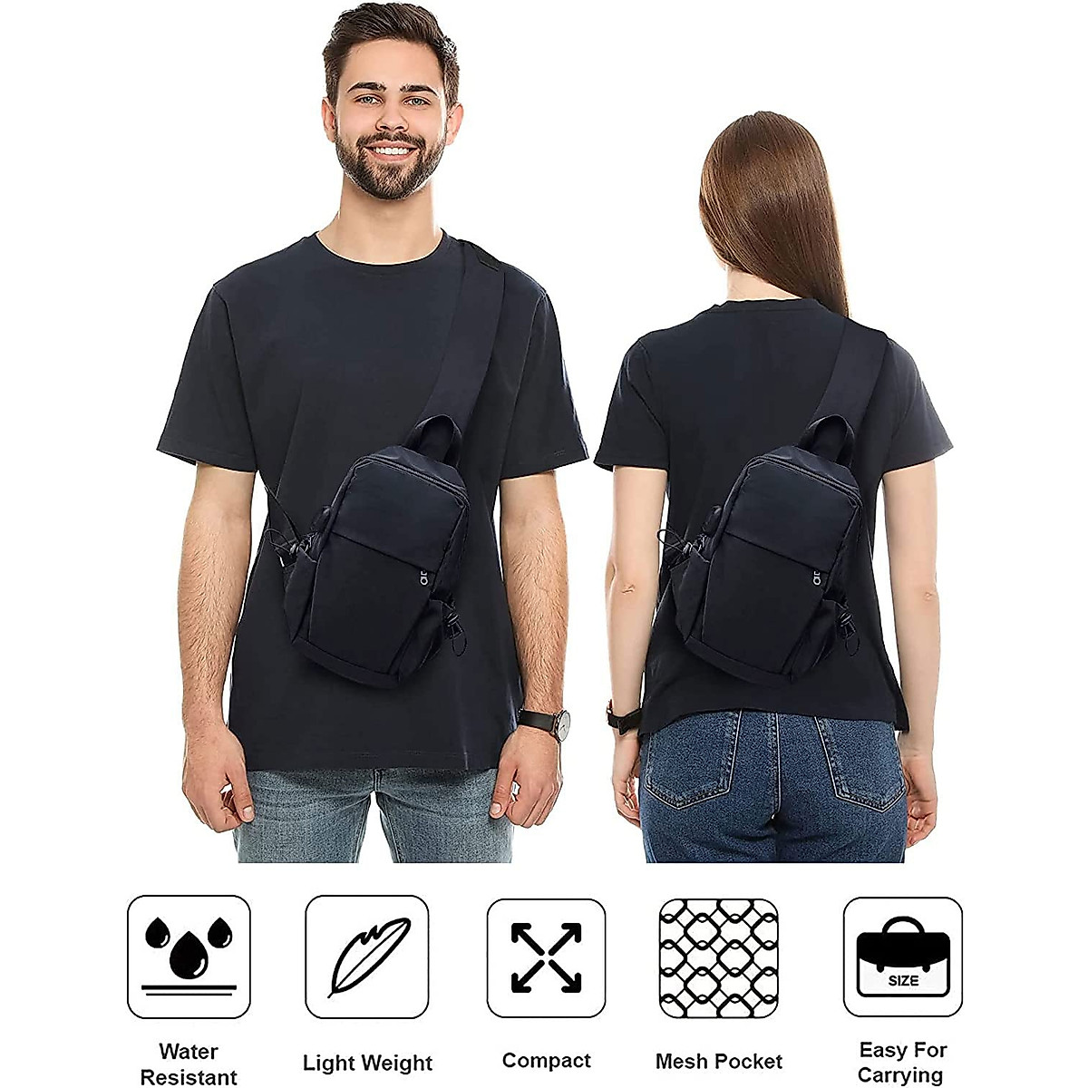 SEAFEW Small Black Sling Crossbody Backpack Shoulder Bag for Men Women, Lightweight One Strap Backpack Sling Bag Backpack for Hiking Walking Biking Travel Cycling USB Charger Port-Nylon