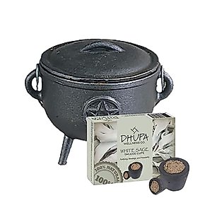 Cast Iron Cauldron with Lid and Carry Handle for Spells, Smudging, Ritual & Blessings | Includes 6 Free Incense Smudge Cups (4.5 Inch, Pentagram)