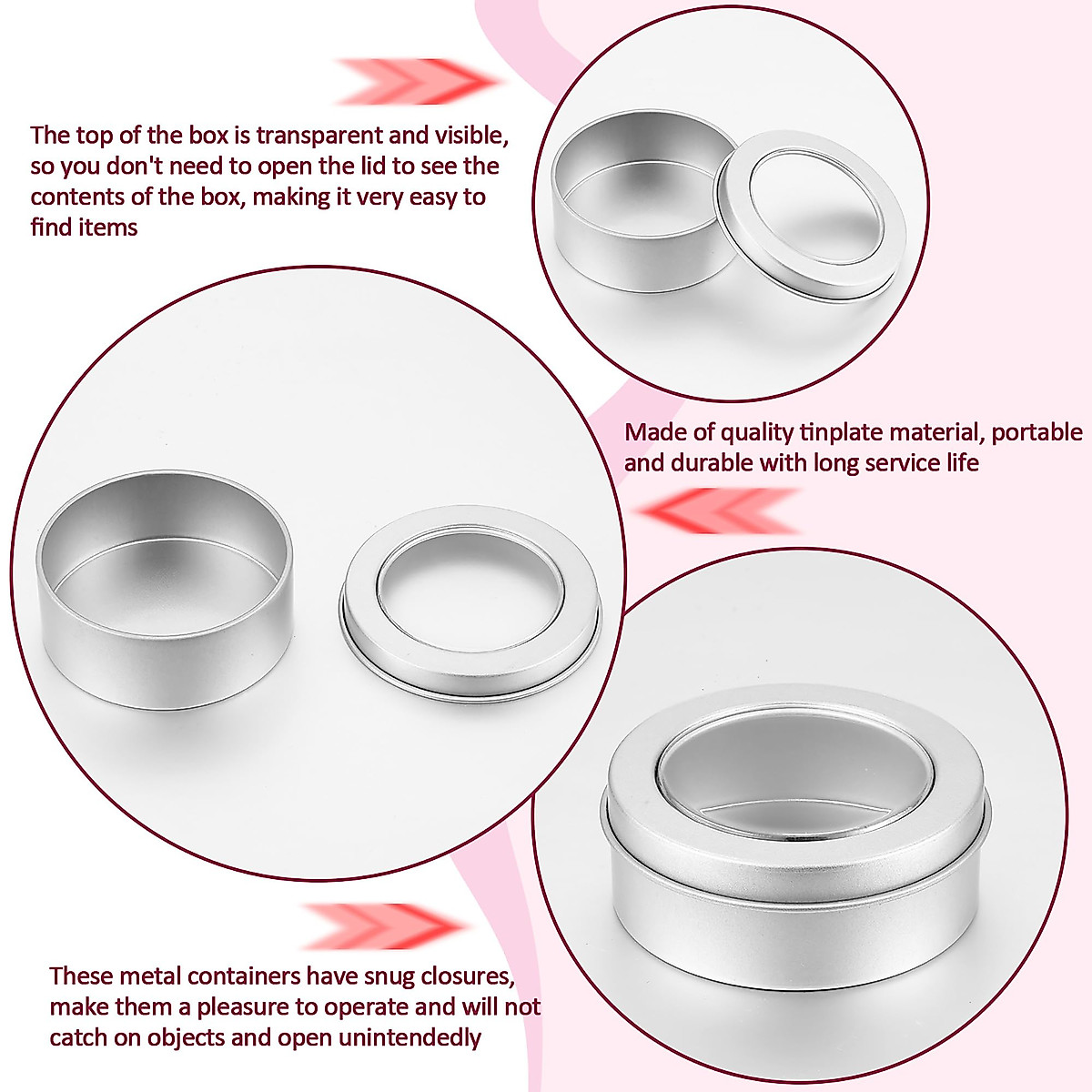 TecUnite 2 Ounce Metal Tin Cans Round Empty Container Salve Tins with Clear Lid for Kitchen, Office, Candles, Candies(40 Pack)