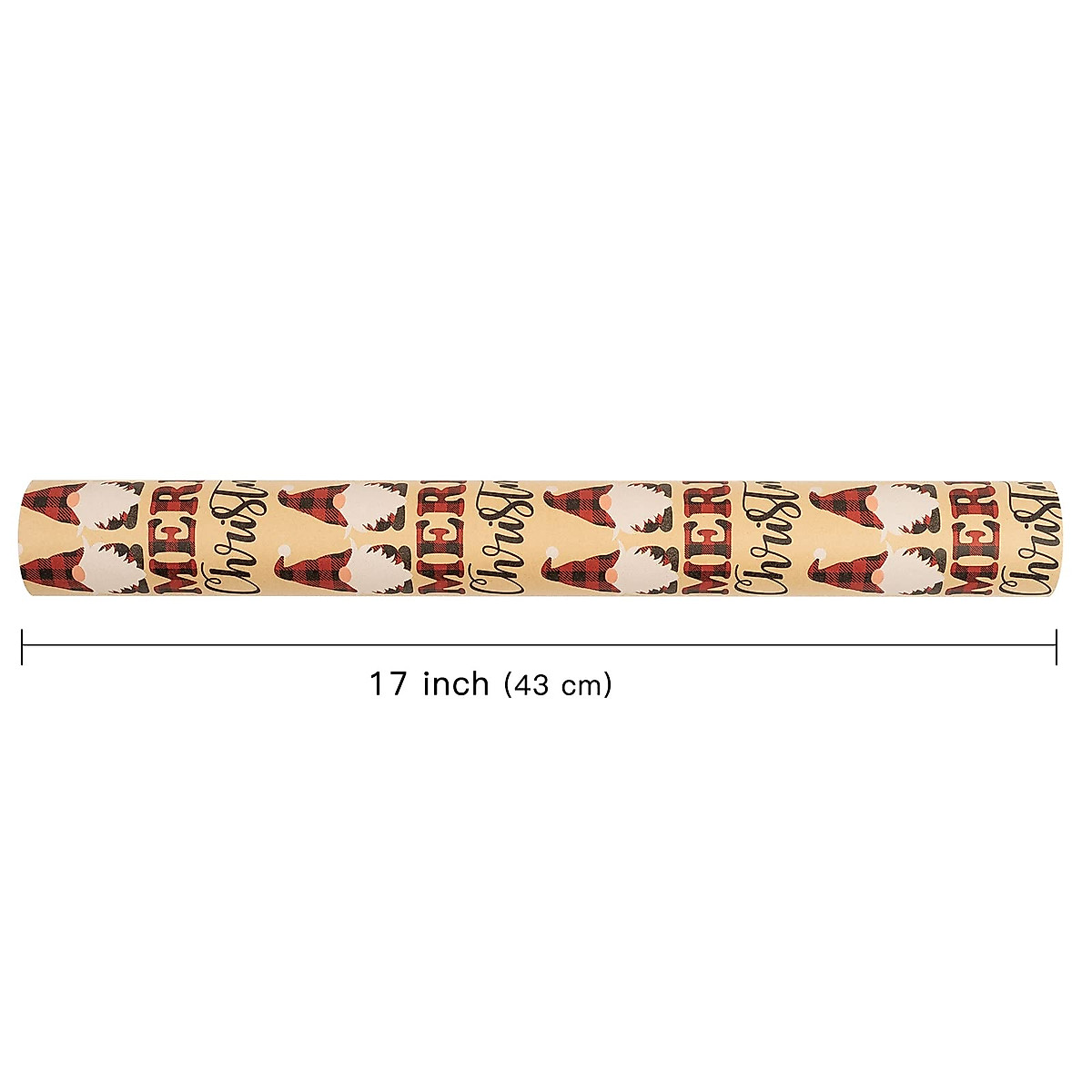RUSPEPA Kraft Christmas Wrapping Paper Roll - Mini Roll - Red and Black Plaid Gnome Design for Holiday Gift Wrap - 17.5 Inches X 32.8 Feet