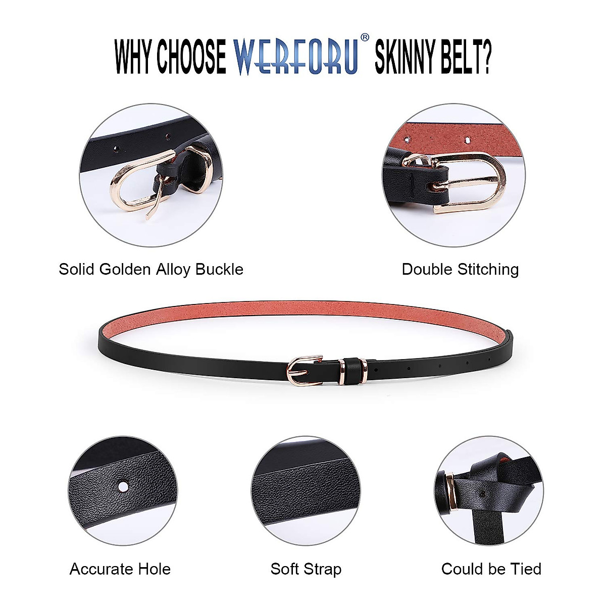 Ladies Skinny Thin PU Leather Dress Fit WaistBelt for Jeans with Gold Alloy Buckle(Black+Brown+White,Fit Waist Size 31-37 Inches)