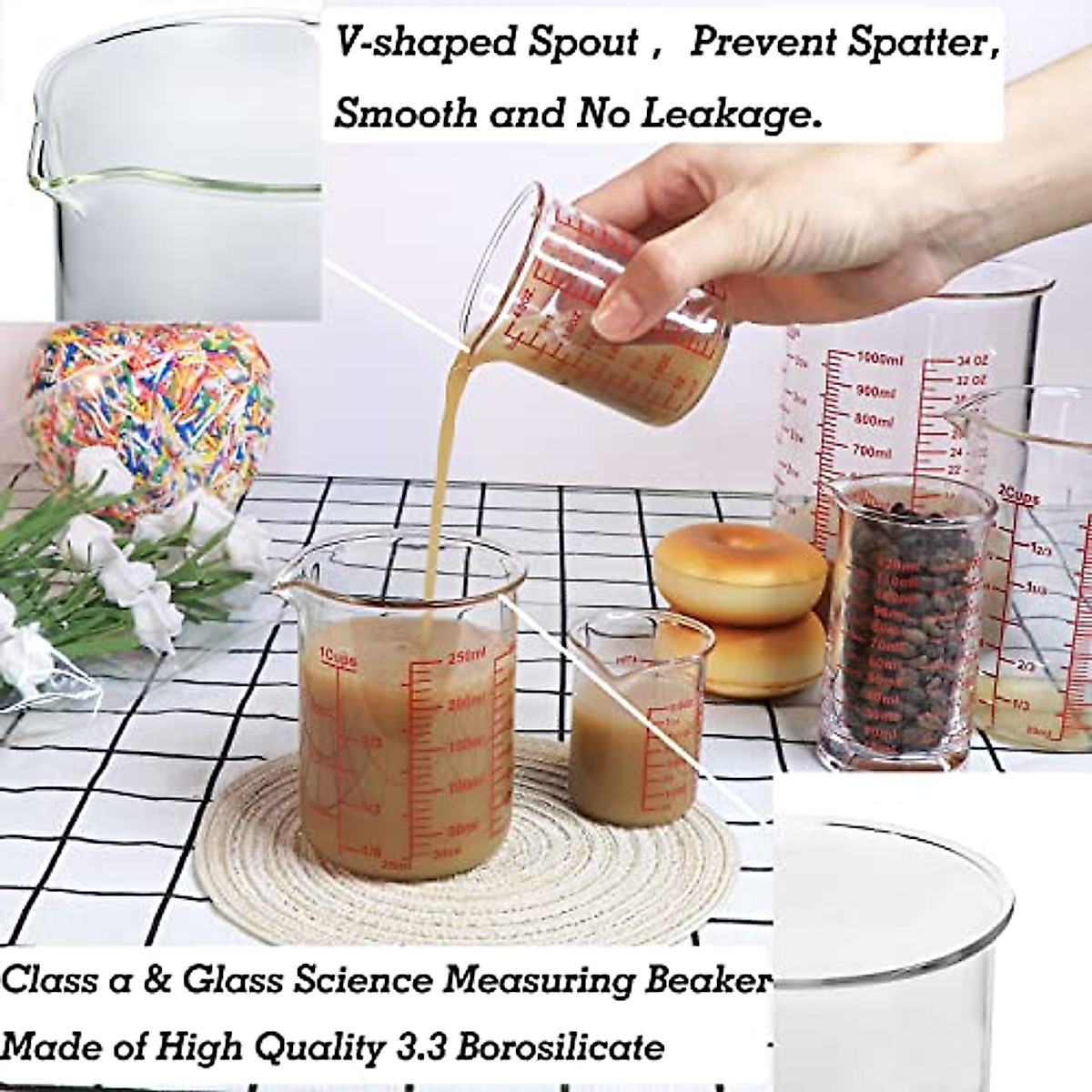 High Borosilicate Glass Measuring Cup Set-V-Shaped Spout，Includes 60ml(2OZ), 120ml(4OZ), and 250ml(8OZ) Glass Measuring Beaker for Kitchen or Restaurant, Easy to Read