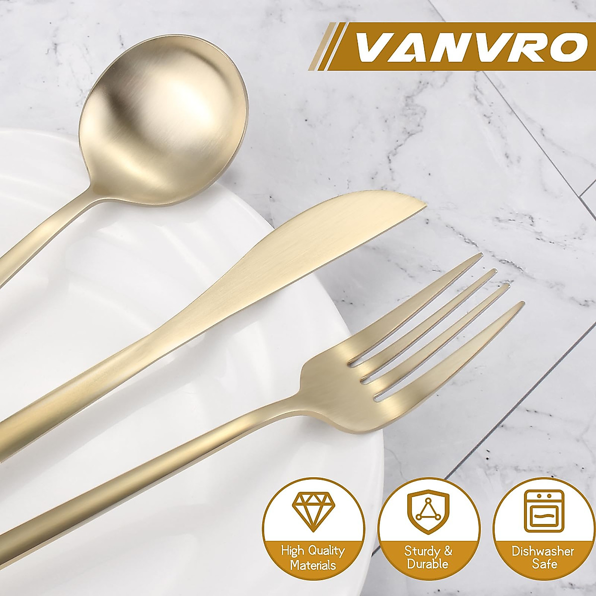 VANVRO Matte Champagne Gold Silverware Set, 60-Piece Stainless Steel Flatware set, Service for 12, Tableware Cutlery Set, Satin Finish,Utensils for Kitchen, Dishwasher Safe