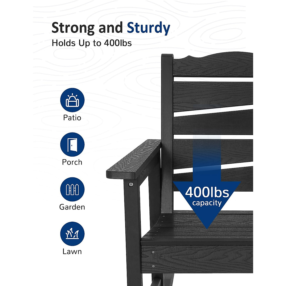 Weatherproof Patio Rocking Chair, HIPS Outdoor Rocking Chair for Adults, 400LBS Support Heavy Duty Porch Rocking Chairs for Garden, Lawn, Backyard, Outdoor and Indoor (Black)