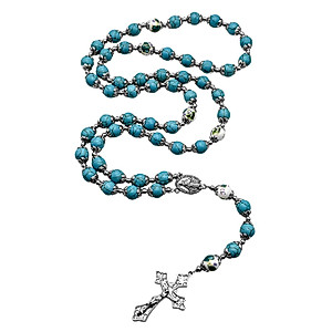 Nazareth Store Catholic Turquoise Marble Beads Rosary Flowers Beaded Necklace Miraculous Medal Cross Crucifix Silver Tone Rosaries in Velvet Bag