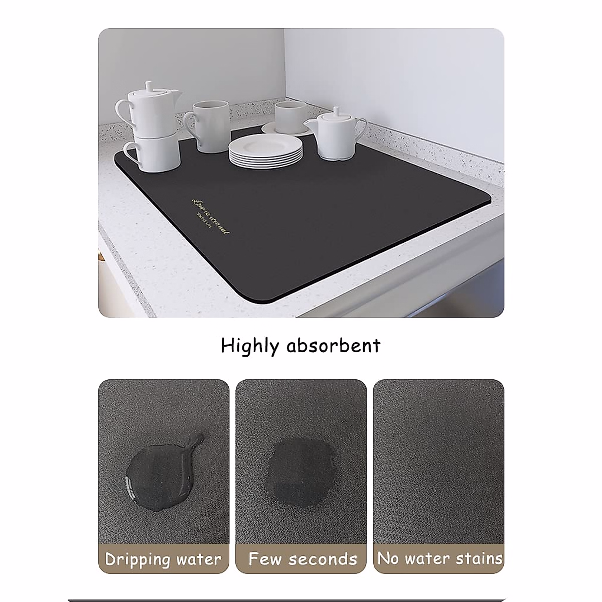 Coffee Bar Mat,12x20" Rubber Backed Absorbent Dish Drying Mat for Kitchen Counter-Coffee Bar Accessories Fit Under Coffee Maker Coffee Machine Coffee Pot Espresso Machine Dish Rack Black