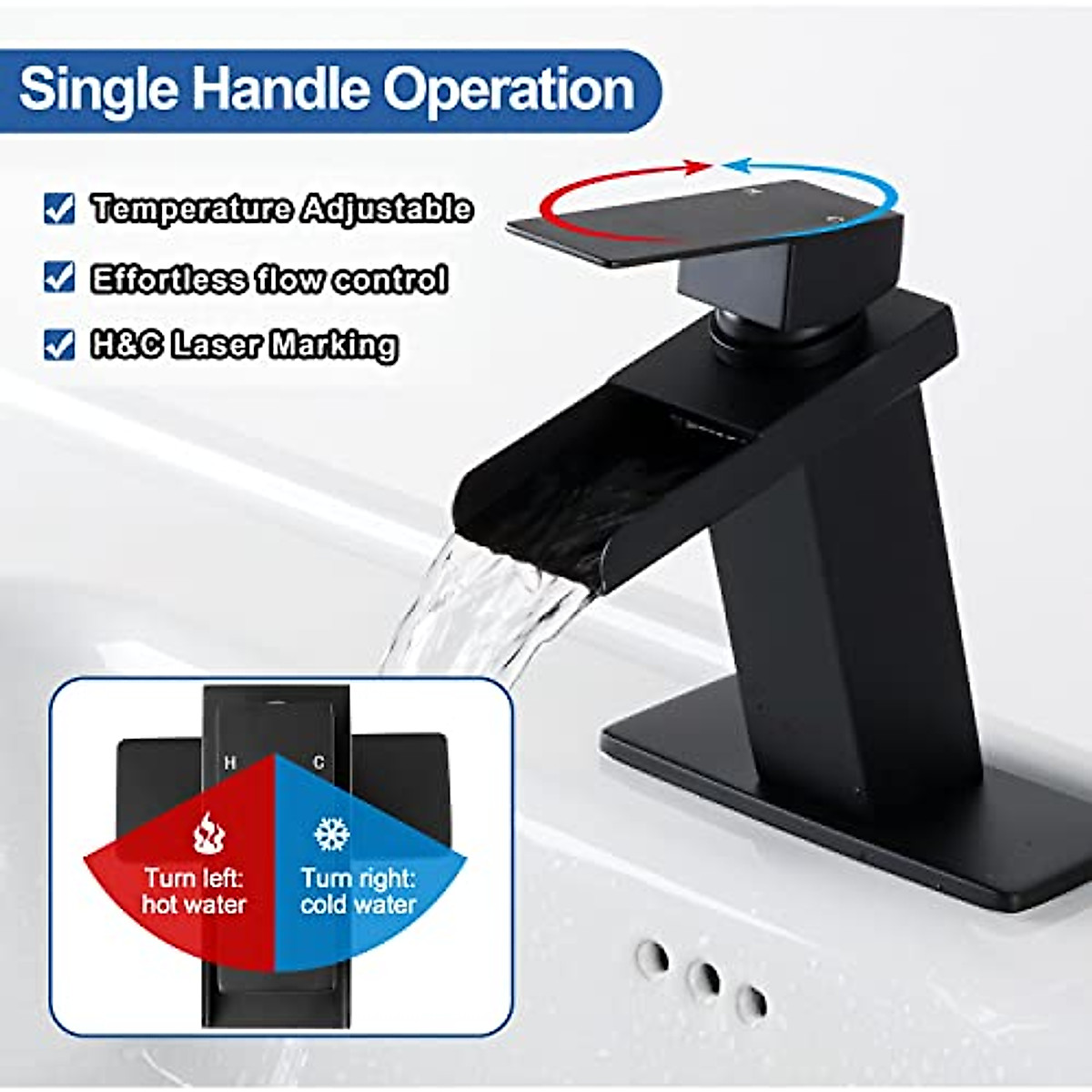 Matte Black Bathroom Faucet, Homikit Waterfall Bathroom Faucets for Sink 1 or 3 Holes, Modern Vanity Faucet with Single Handle Single Hole, Pop Up Drain, Deck Plate, 2 Water Supply Hoses