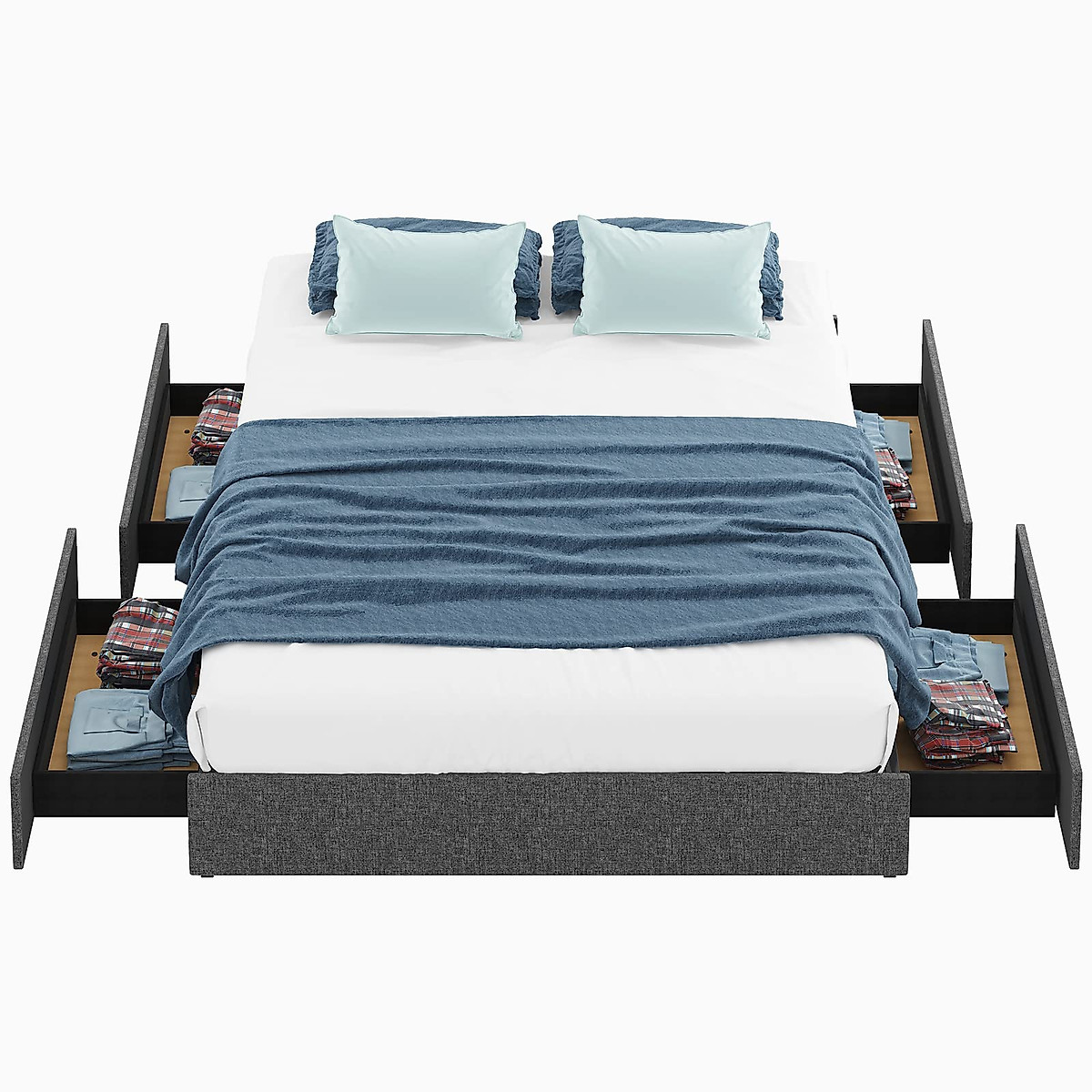 Mixoy Cal King Bed Frame with Four Storage Drawer,Platform Bed Frame with Linen headboardand and Footboard with Drawers, Wood Slats Support.No Box Spring Needed/Easy Assembly(Cal King,Dark Grey)