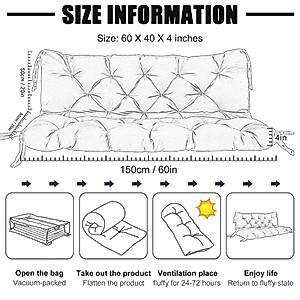 Swing Cushions 3 Seater Replacement Waterproof Porch Swing Cushions with Backrest and 8 Ties Thicken 4" Bench Cushion Replacement Patio Swing Cushion for Outdoor Furniture(Navy Blue 60x40in)