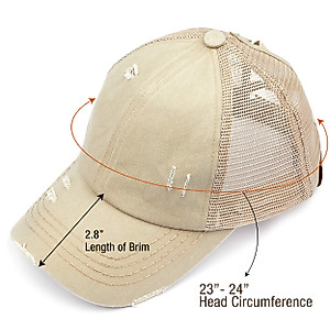 C.C Exclusives Washed Distressed Cotton Denim Criss-Cross Ponytail Hat Baseball Cap Bundle Hair Tie (BT-780)(BT-791) (A Elastic Band-Khaki)