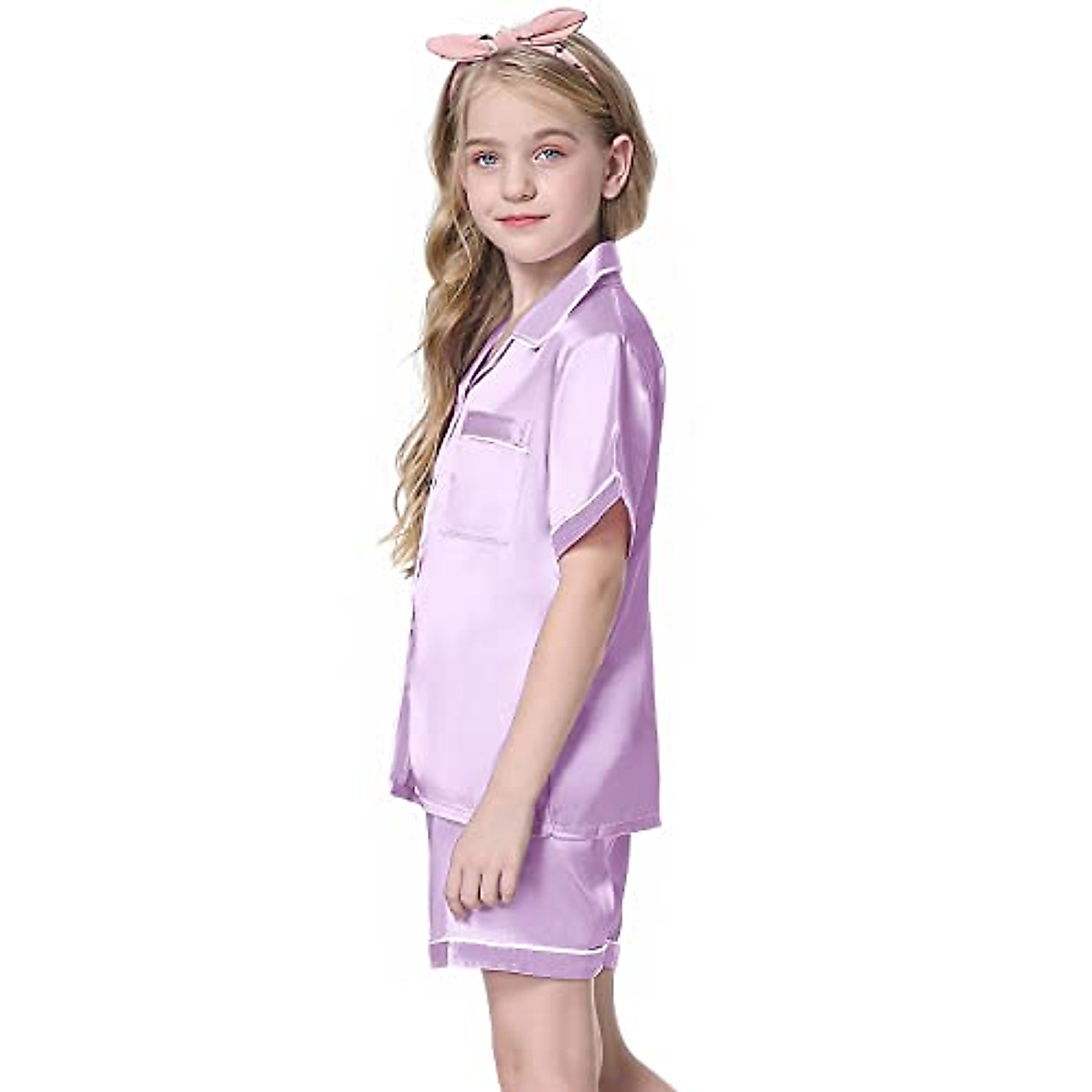 Silk Pjs for Women Set, Cute Silky Matching 2 Pcs Comfy Nightwear Button Down Sexy Soft Satin Summer Pj Short Set, D Lavender, X-Small