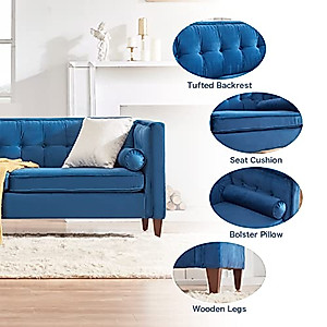 Dreamsir 58'' W Velvet Sofa, Mid-Century Love Seats Sofa Furniture with Bolster Pillows, Button Tufted Couch for Living Room, Tool-Free Assembly (Loveseat, Navy Blue)