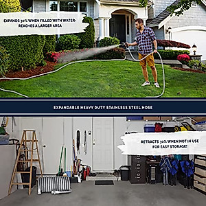 Morvat Stainless Steel Expandable Garden Hose 100 FT, Metal Water Hose Garden hose Water Pipe Flexible Hose ON/OFF Brass Connection, 10 Pattern Hose Sprayer Nozzle, Hose Holder, Washers & Teflon Tape