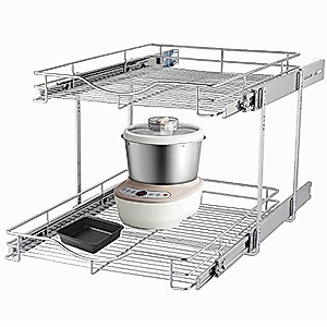 DINDON Pull Out Cabinet Organizer (14" W X 21" D), Cabinet Pull Out Shelves, 2 Tier Pull Out Drawers for Kitchen Cabinets, Double Tier Wire Basket Slide Out Shelf for Base Cabinet Organization ​in Kitchen, Pantry, Bathroom, Chrome