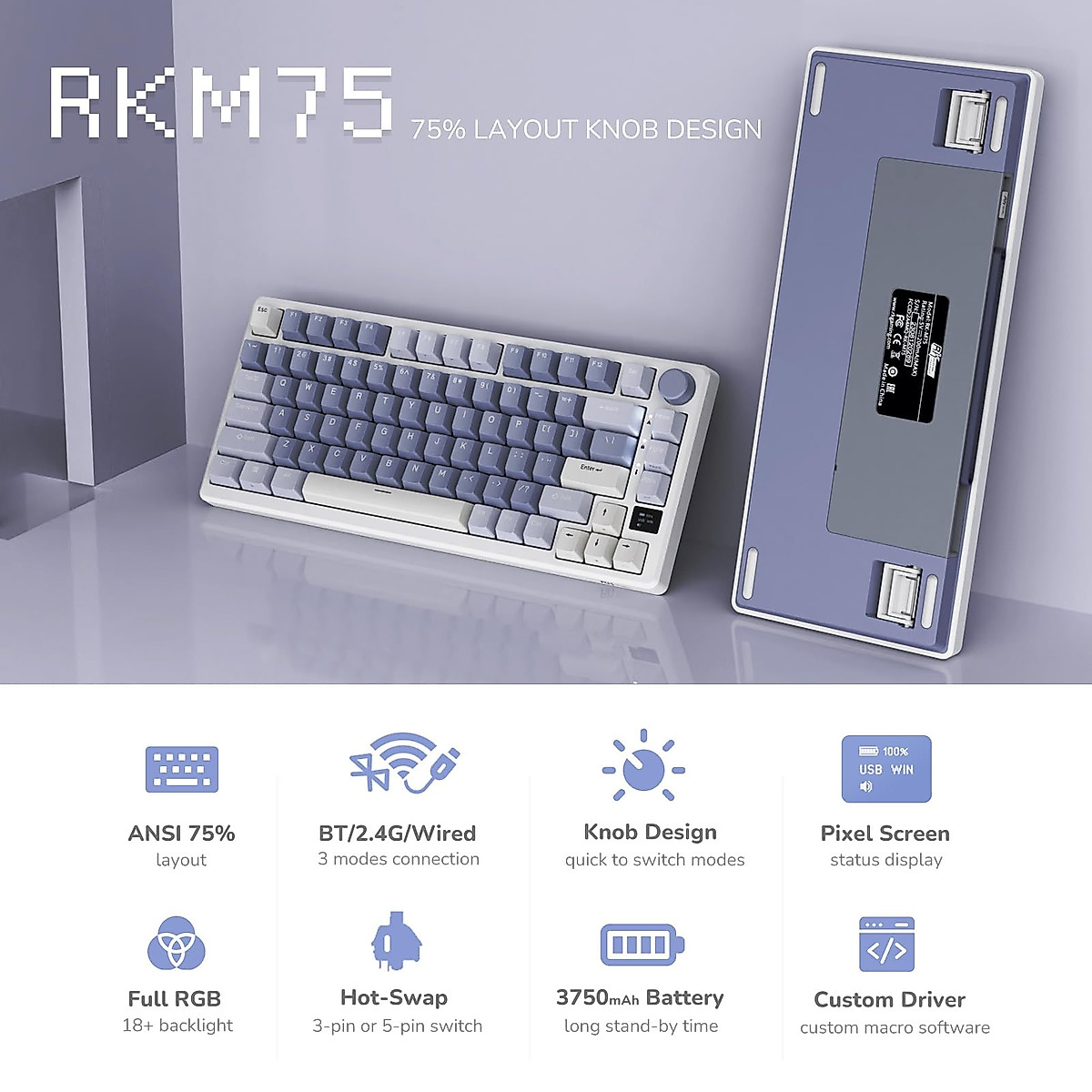 RK ROYAL KLUDGE M75 Mechanical Keyboard with OLED Smart Display and Volume Knob, 2.4G/USB-C/BT Gasket Mounted 75% Layout Wireless Gaming Keyboard with 81 Keys, RGB Backlit Hot-Swappable Red Switch