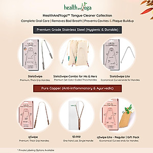 HealthAndYoga™ SteloSwipe His and Hers Premium Tongue Cleaners for Partner and You (2 pcs) - Quality Steel Tongue Scrapers with Color Identifying Hygienic Steel Grips