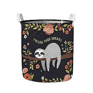 WELLFLYHOM Cute Sloth Laundry Hamper Collapsable Large Without Lid Storage Bins Dirty Clothes Basket for Kids Teen Girls Youth Drom Room Bedroom, Floral Follow Your Dreams Black