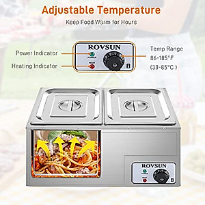 ROVSUN 21QT Electric Commercial Food Warmer, 2-Pan Steam Table 10.6 QT/Pan Stainless Steel Bain Marie Buffet Countertop with Temperature Control & Lid for Parties, Catering, Restaurants 110V