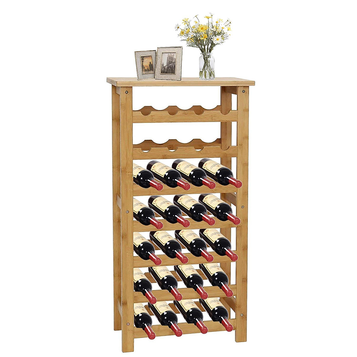 Kinsuite 7-Tiers Wine Rack - Wine Storage Rack for Storing 28 Bottles Free Standing Floor Bamboo Wine Storage Holder Display Shelves