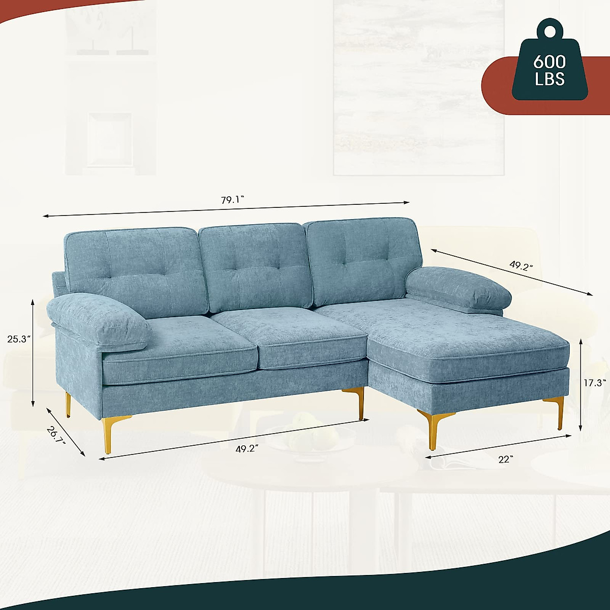 LEISLAND 79" Modern Sectional Sofa Couch for Living Room, Small Couches for Small Spaces, Chenille L Shaped Sofas with Solid Wood Frame, Detachable Cover, Attached Armrest(Light Blue)