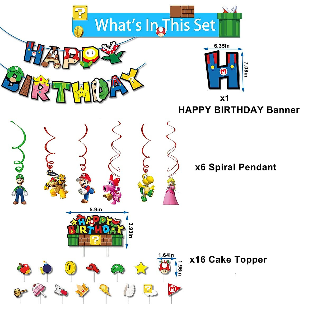 Mario Birthday Party Supplies Decorations Mario Backdrop Banner Cake Topper Balloons for Mario Birthday Party Favors