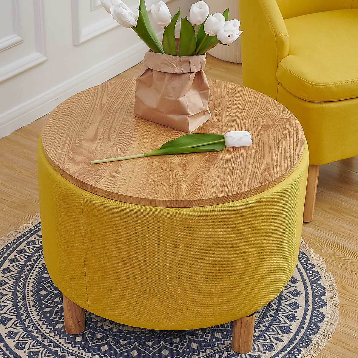 Simple&Opulence Modern Round Storage Coffee Table Ottoman for Living Room Bedroom, Accent Drum Side Table, Nightstand, Footstool, Sofa End Table with Wood Lid Tray and Solid Wood Legs (Yellow)