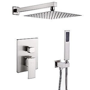 TapLong Brushed Nickel bathroom Luxury Shower System Wall Mounted Shower Faucet Set With High Pressure 10” Square Rain Shower Head and Handheld Shower Head(Rough-In Valve Body and Trim Include)