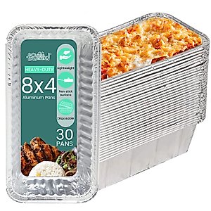 FUNSTITUTION Aluminum Foil Pans 8x4 Inches (30 Pack) - Tin Foil Pans with High Heat Conductivity - Disposable Aluminum Tray Cookware For Baking, Grilling, Cooking, Storing, Prepping