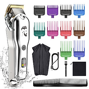 Hatteker Mens Hair Clipper Beard Trimmer Hair Trimmer for Men Cordless Clippers Professional Barbers Grooming Kit IPX7 Waterproof, Rechargeable, Colorful Combs, Silver