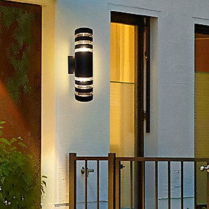 Outdoor Wall Sconce Porch Cylinder Light, Modern Exterior Up and Down Wall Light Waterproof with Aluminum of Matte Black Finish and Toughened Glass for Patio, Garage, E27 Base