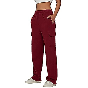 Womens Sweatpants Plus Size Womens Cargo Sweatpants Casual Baggy Fleece Winter Warm Wide Leg High Waisted Loose Fit Joggers Pants Sporty Gym Athletic Lounge Trousers with Pockets C32 Wine
