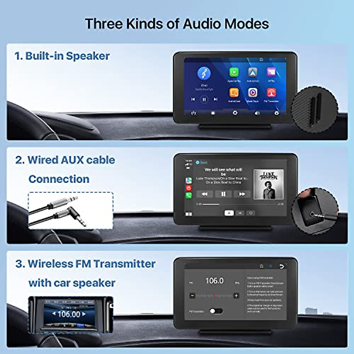 Portable Car Radio Stereo Audio Receiver with Wireless Carplay&Android Auto, 7” FHD IPS Touchscreen, 1080P Backup Cam, Siri, Google Voice, FM, Bluetooth, GPS Navigation, Aux, TF Card TTXSCAM T86