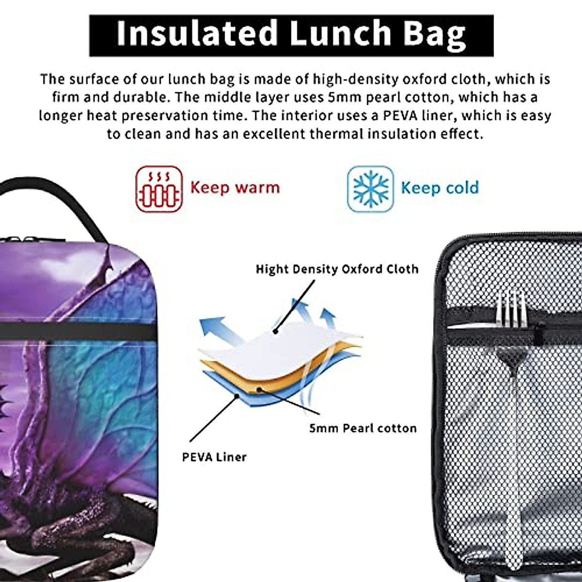 wsrgvab Dragon Fantasy Purple Portable Lunch Box Bag Insulated Reusable Lunch Tote For Men And Women