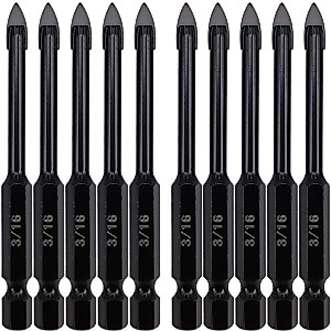 Hymnorq 3/16 Inch Glass and Tile Drill Bit 10pc Set, YG6X Tungsten Carbide Tipped Spear Cutter, 1/4 Hex Shank, Painted Surface, Suitable for Drilling Ceramic Mirror Wood Porcelain Brick Wall Bottle